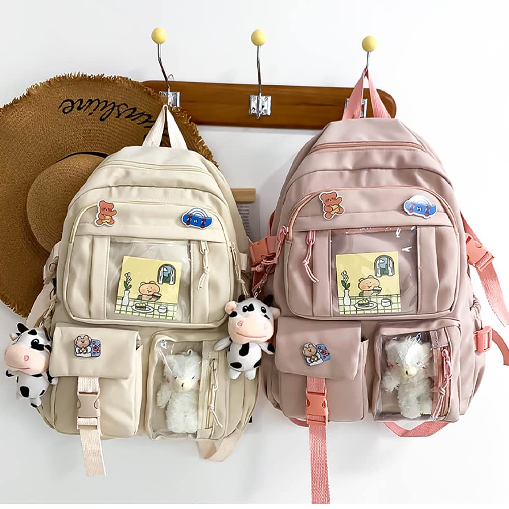 Thanps Kawaii Backpack with Cute Pin Accessories and Plush Pendant Cute Aesthetic Backpacks for School Bag Girl Backpack (Beige)