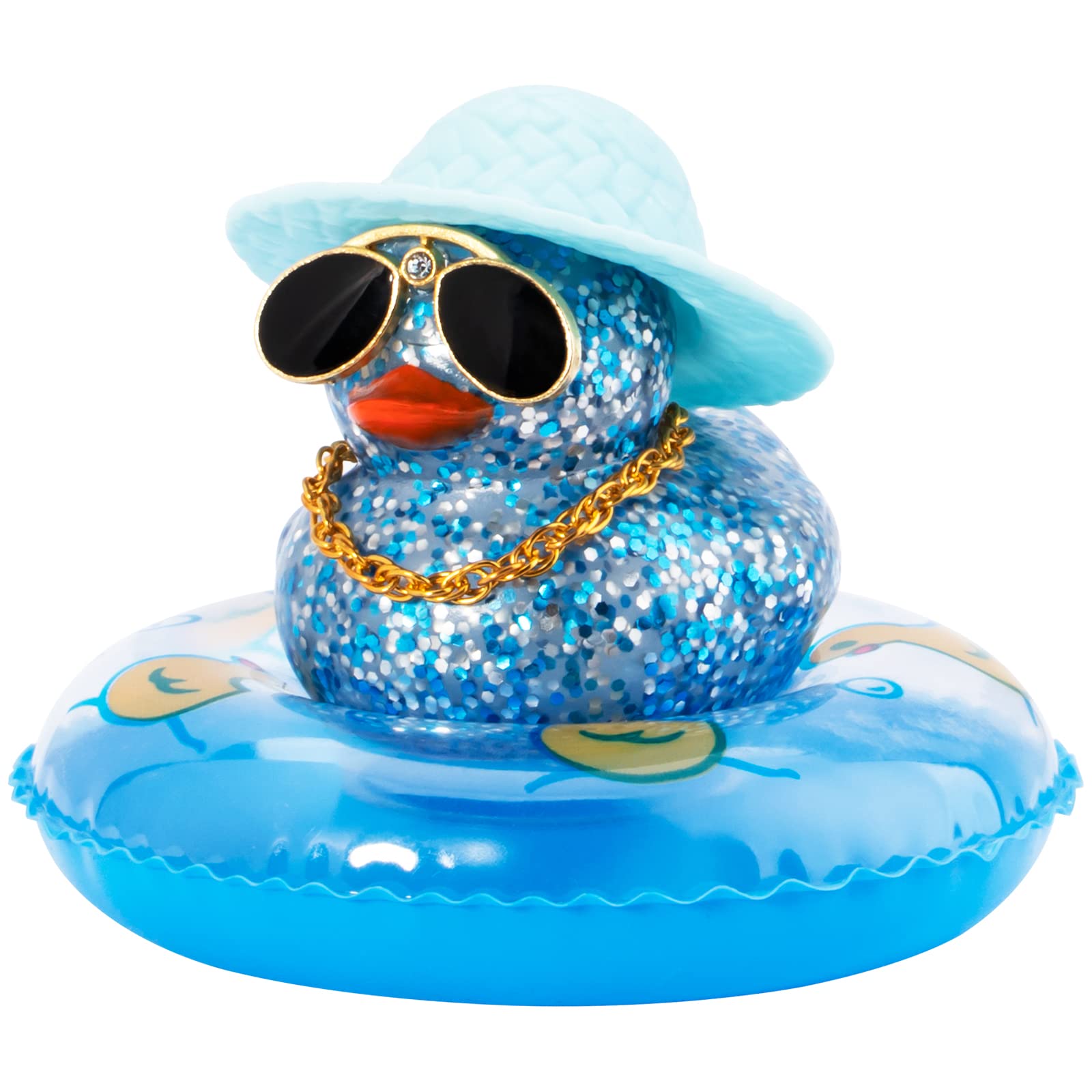 wonuu Car Duck Ornament Dashboard Decorations Rubber Duck Car for Car Dashboard Accessories with Swim Ring Sunglasses Hat and Necklace, B_Blue&Blue