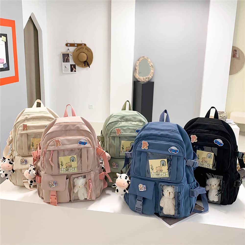 Thanps Kawaii Backpack with Cute Pin Accessories and Plush Pendant Cute Aesthetic Backpacks for School Bag Girl Backpack (Beige)