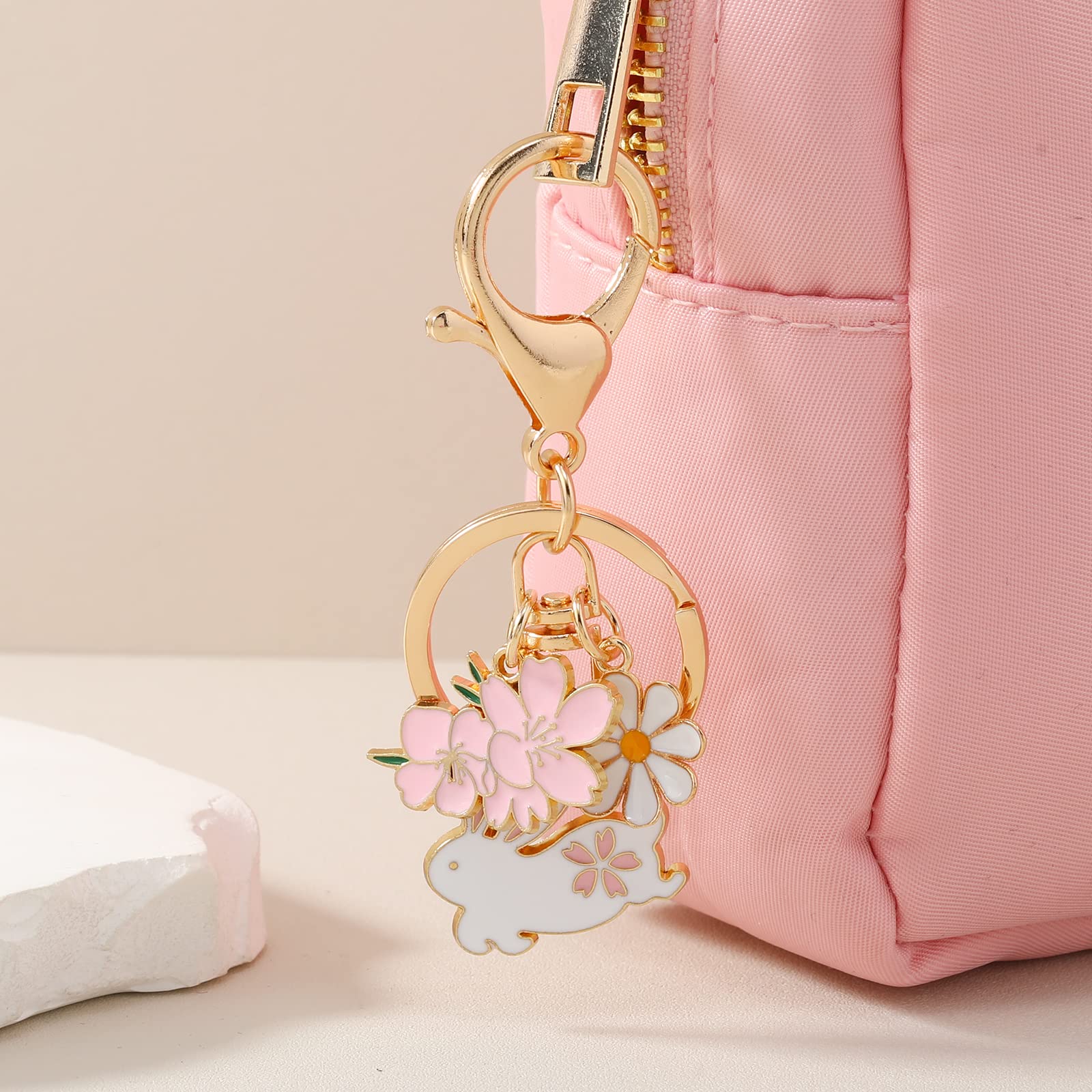 HEYU Cute Keychain for Girls 2PCS Kawaii Aesthetic Accessory Key Chain For Women Cartoon Airpod Backpack Charm Keyring Gifts (Pink Rabbit Cat)