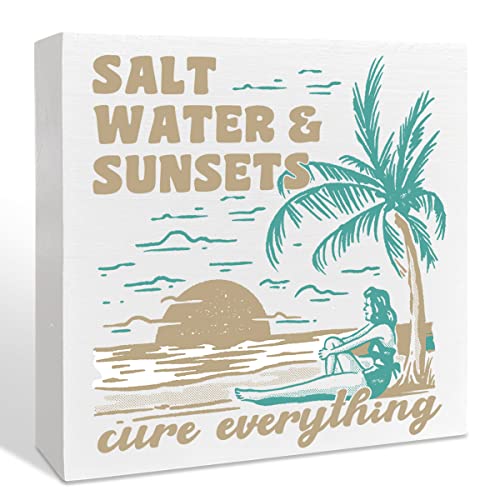Farmhouse Beach Wooden Box Sign, Salt Water and Sunsets, Summer Beach Decor for Home Bedroom Bathroom, Inspirational Beach House Ocean Nautical Decoration, Beach House Gifts for Women Men New House