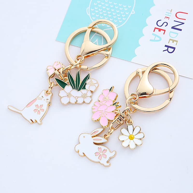 HEYU Cute Keychain for Girls 2PCS Kawaii Aesthetic Accessory Key Chain For Women Cartoon Airpod Backpack Charm Keyring Gifts (Pink Rabbit Cat)