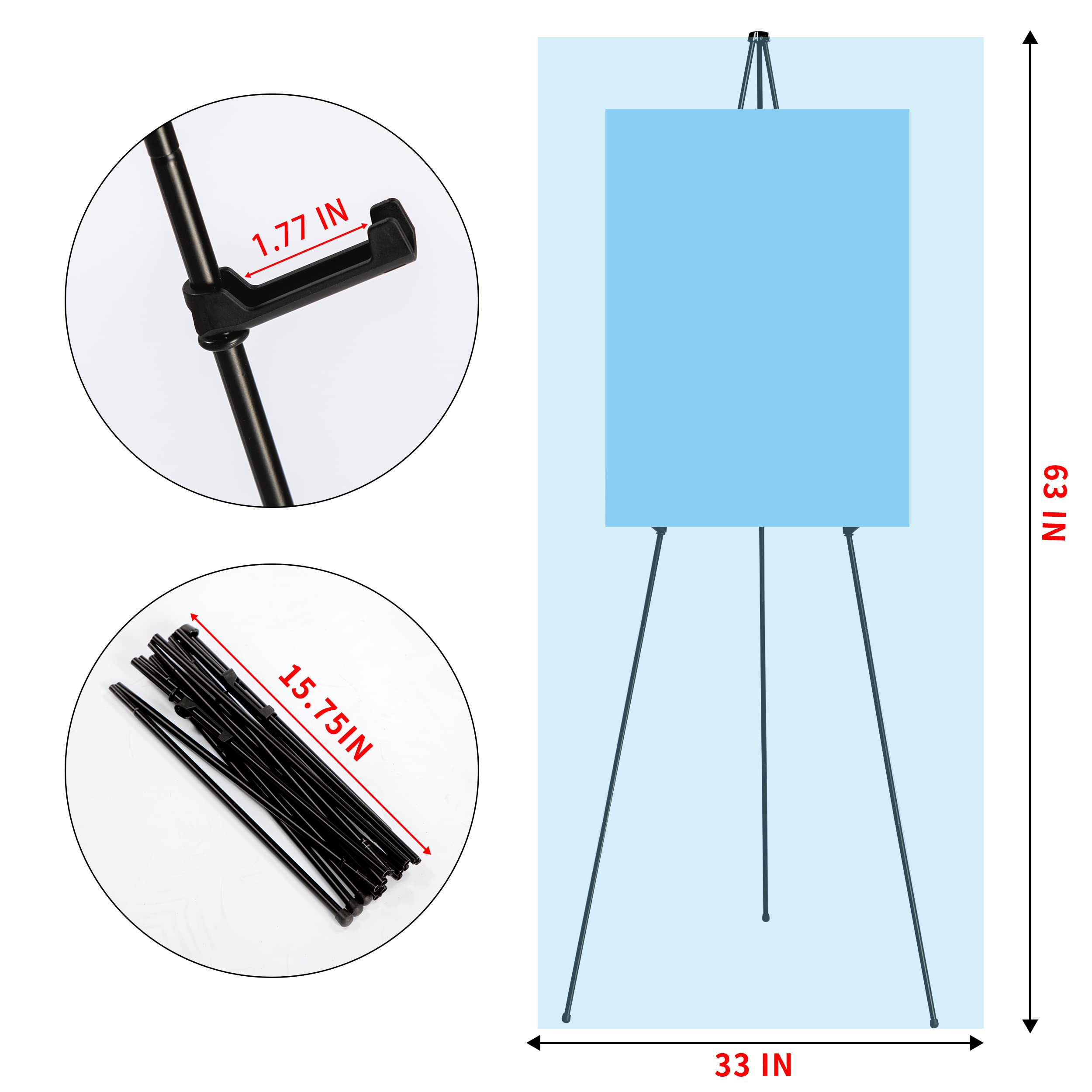2 Pack Easel Stand for Display Wedding Sign & Poster - 63 Inches Tall Easels for Display - with Bag Collapsable Portable Poster Easle - Large Floor Adjustable Metal Easel Tripod Black