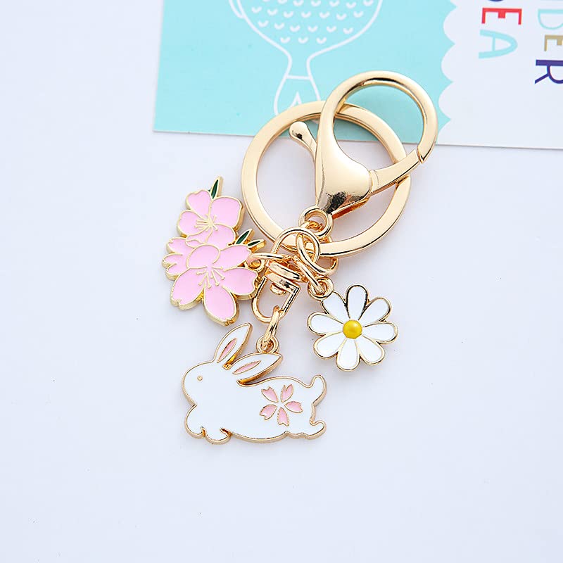 HEYU Cute Keychain for Girls 2PCS Kawaii Aesthetic Accessory Key Chain For Women Cartoon Airpod Backpack Charm Keyring Gifts (Pink Rabbit Cat)
