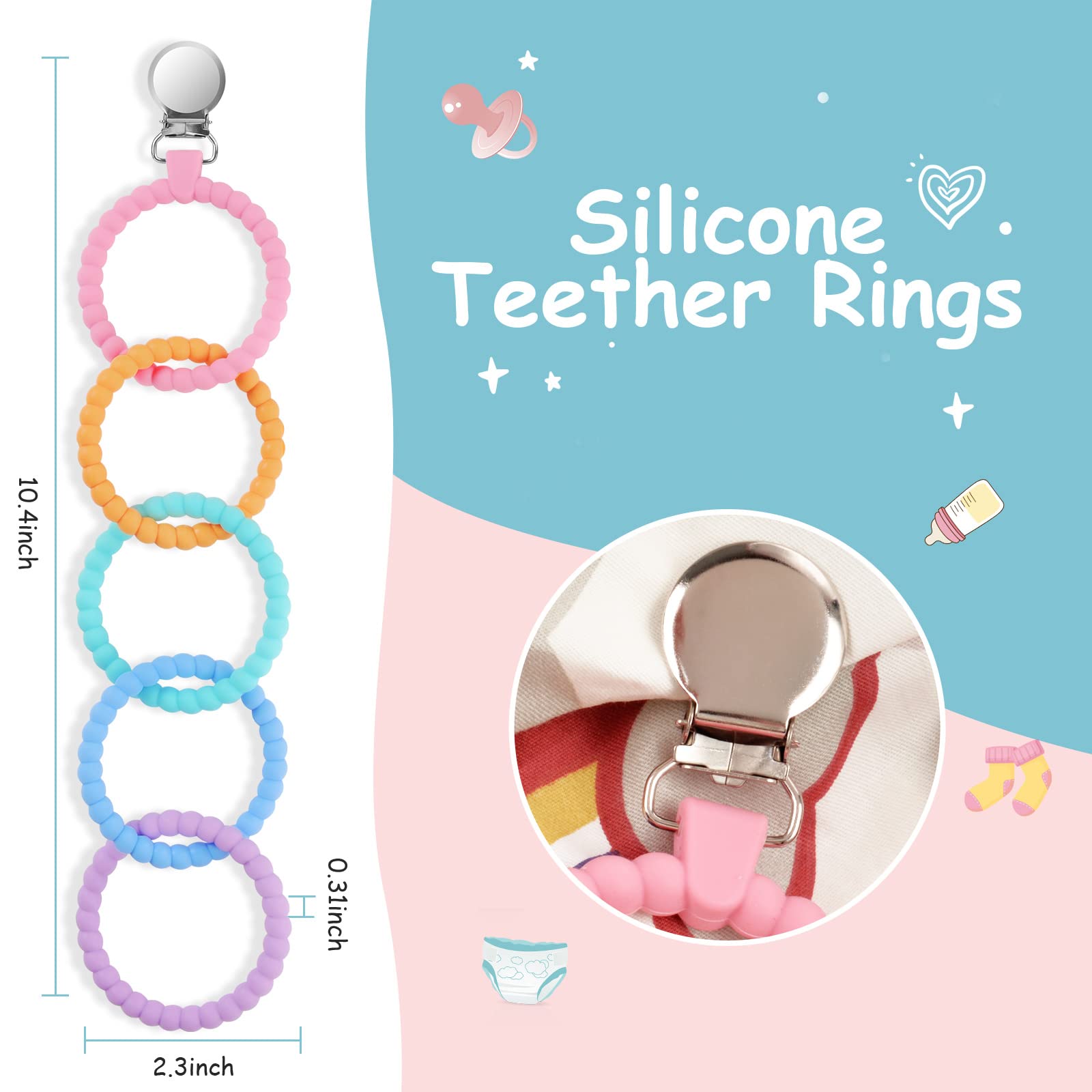 Vicloon Silicone Baby Teether Linking Rings,Silicone Teether Toy for Baby,Baby Toy Rings with Pacifier Clip,Attachable Teether Chew Toy for 3-6 Months,Baby Toy Rings Links for Stroller&Activity