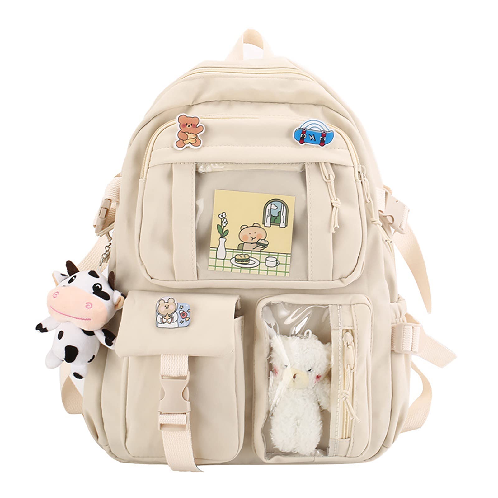 Thanps Kawaii Backpack with Cute Pin Accessories and Plush Pendant Cute Aesthetic Backpacks for School Bag Girl Backpack (Beige)