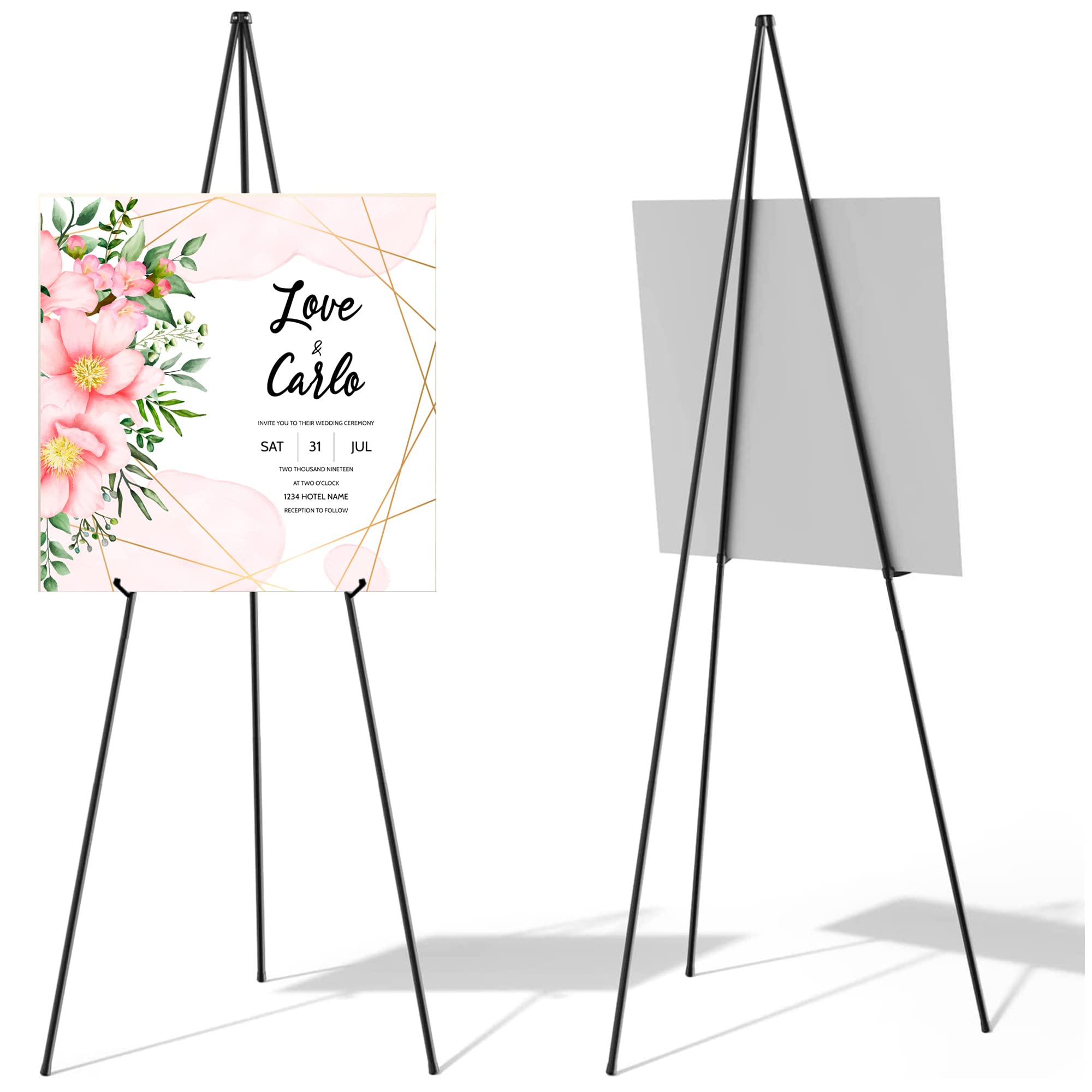 2 Pack Easel Stand for Display Wedding Sign & Poster - 63 Inches Tall Easels for Display - with Bag Collapsable Portable Poster Easle - Large Floor Adjustable Metal Easel Tripod Black