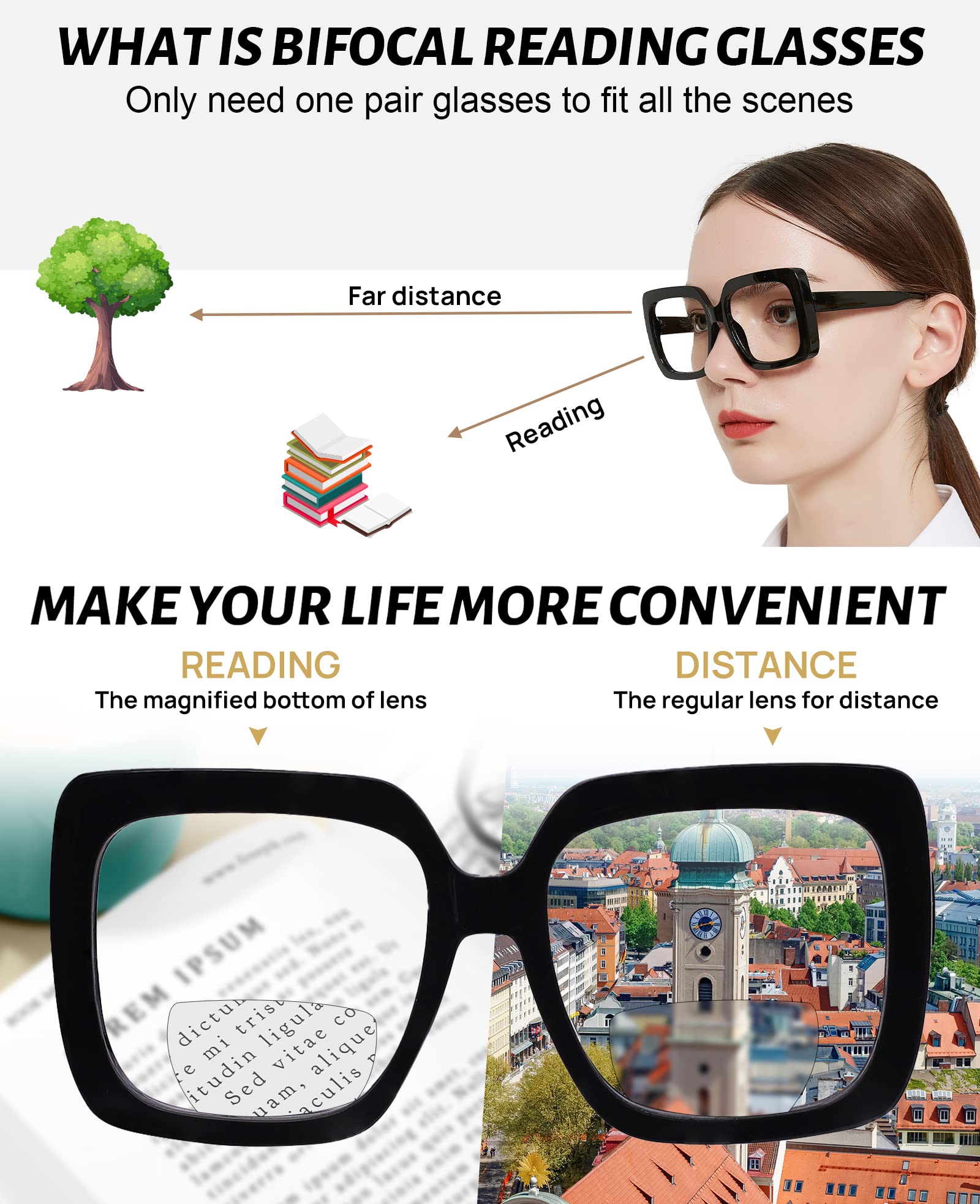 OCCI CHIARI Oversized Reading Glasses for Women 2.5 Bifocal Readers with Blue Light 1.0 1.25 1.5 1.75 2.0 2.25 2.5 2.75 3.0 3.5 (Black,2.50)