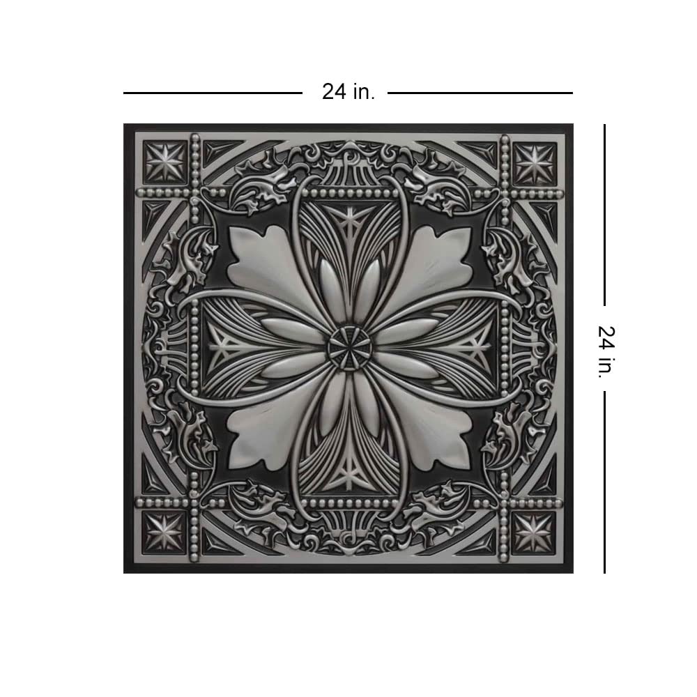 From Plain To Beautiful In Hours 337as-24x24-50 Helena PVC 2' x 2' Lay-in or Glue-up Ceiling Tile (Covers / 200 sq.ft), Antique Silver, 50