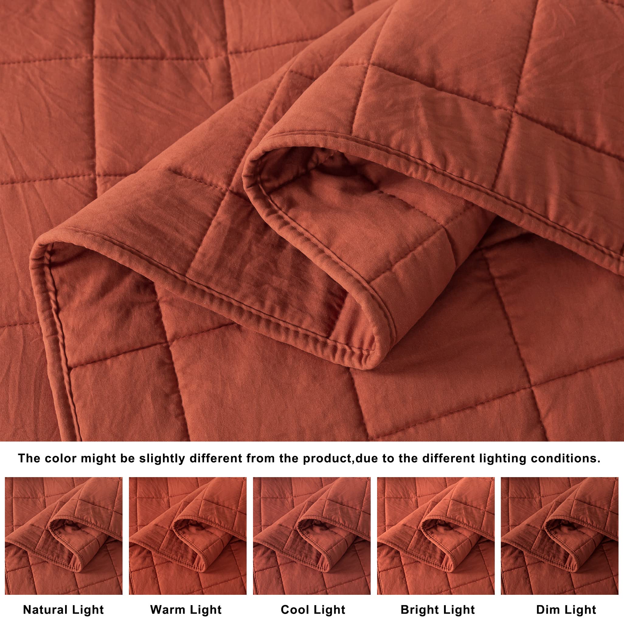 Burnt Orange Quilt Queen Size Bedding Sets with Pillow Shams, Red Lightweight Soft Bedspread Coverlet, Quilted Blanket Thin Comforter Bed Cover for All Season Spring Summer, 3 Pieces, 90x90 inches