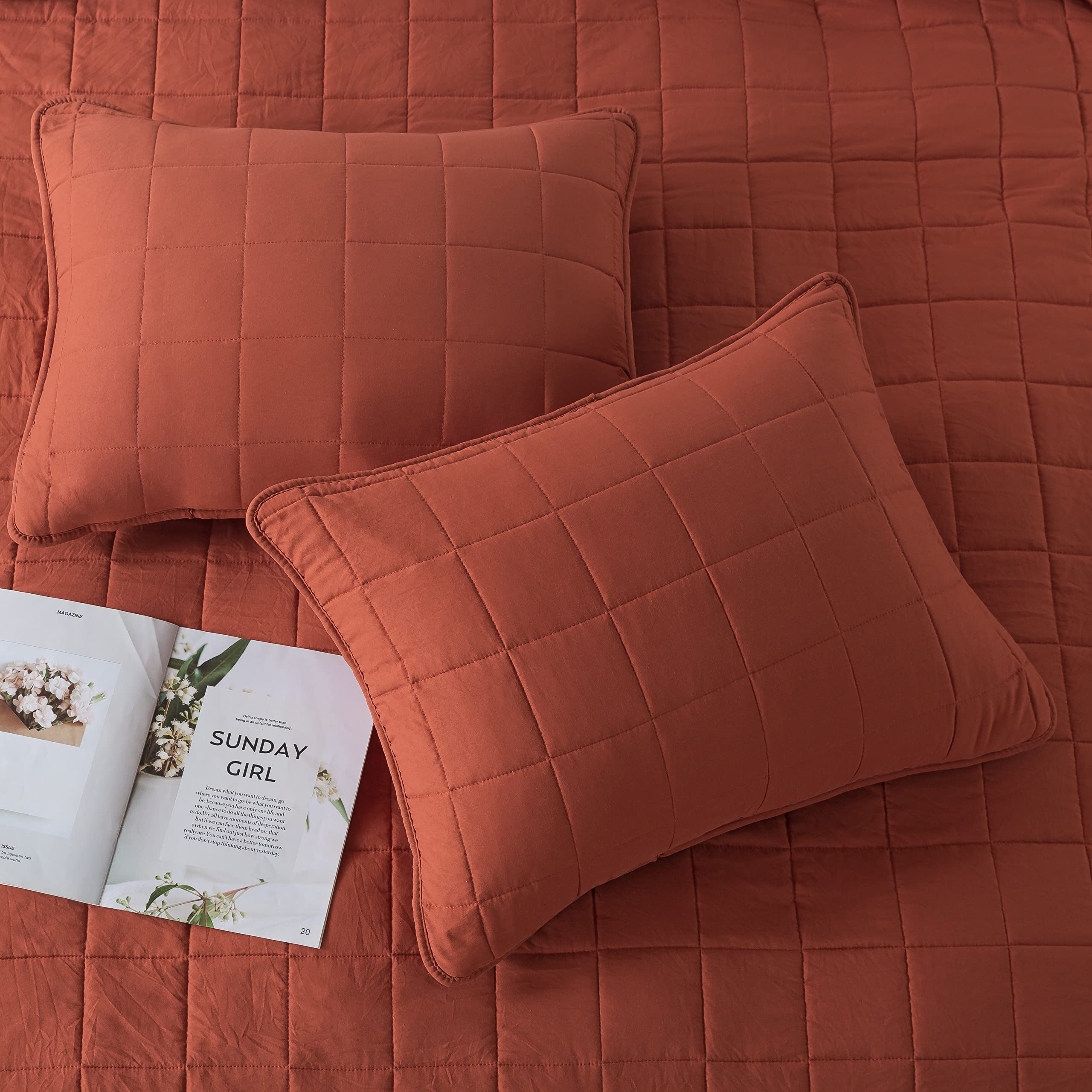 Burnt Orange Quilt Queen Size Bedding Sets with Pillow Shams, Red Lightweight Soft Bedspread Coverlet, Quilted Blanket Thin Comforter Bed Cover for All Season Spring Summer, 3 Pieces, 90x90 inches
