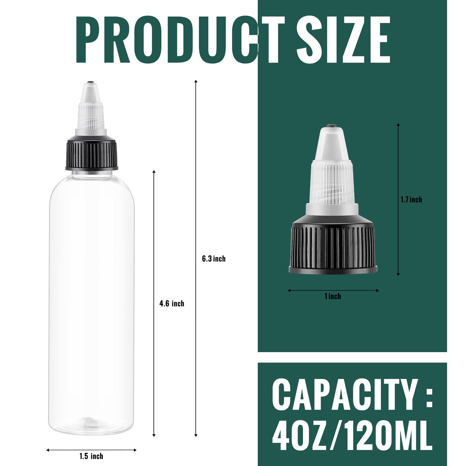 Irenare 100 Pcs 4 oz Plastic Squeeze Bottles Bulk Boston Dispensing Empty Hair Oil Bottles with 20/410 Twist Top Cap for Essential Oils, Hair Applicator, Liquids, Condiment Dispenser