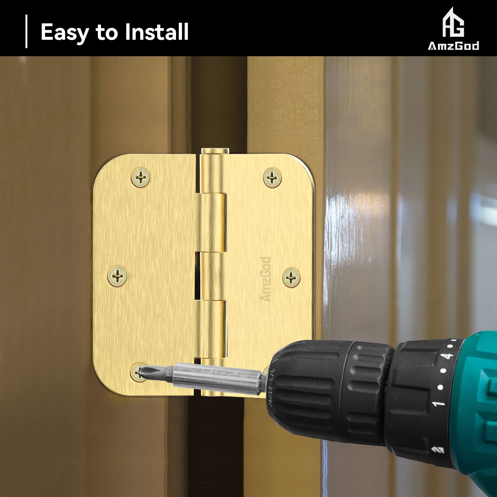 AmzGod Door Hinges Satin Brass - 12 Pack Gold Door Hinges 3.5 Inch Rounded Interior Door Hinges with 5/8" Radius - 3 1/2 Inches Flat Iron Brass Hinges for Residential Standard Doors