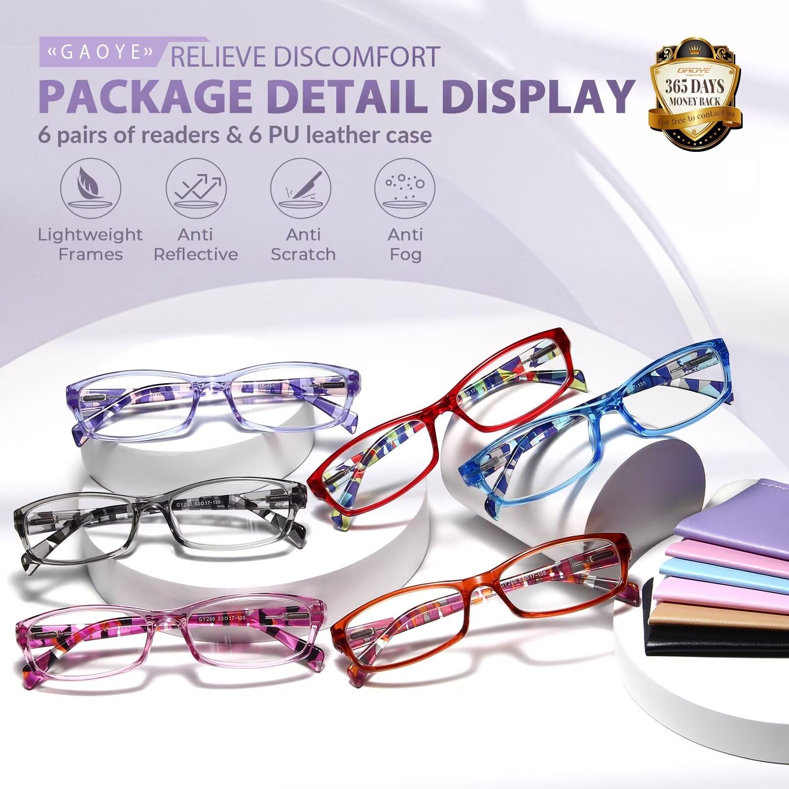 Gaoye Reading Glasses for Women, 6 pack Fashion Readers for Women Men Spring Hinge Eye Glasses, Blue Light Reading Glasses