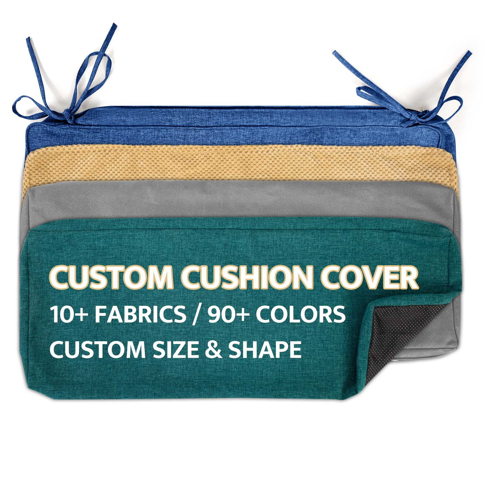 mudilun Custom Cushion Covers Replaceable Water Proof Bench Cushion Cover with Ties/Anti-Slip Bottom/Piping Patio Cushion Covers 100+Colors (Custom Size)