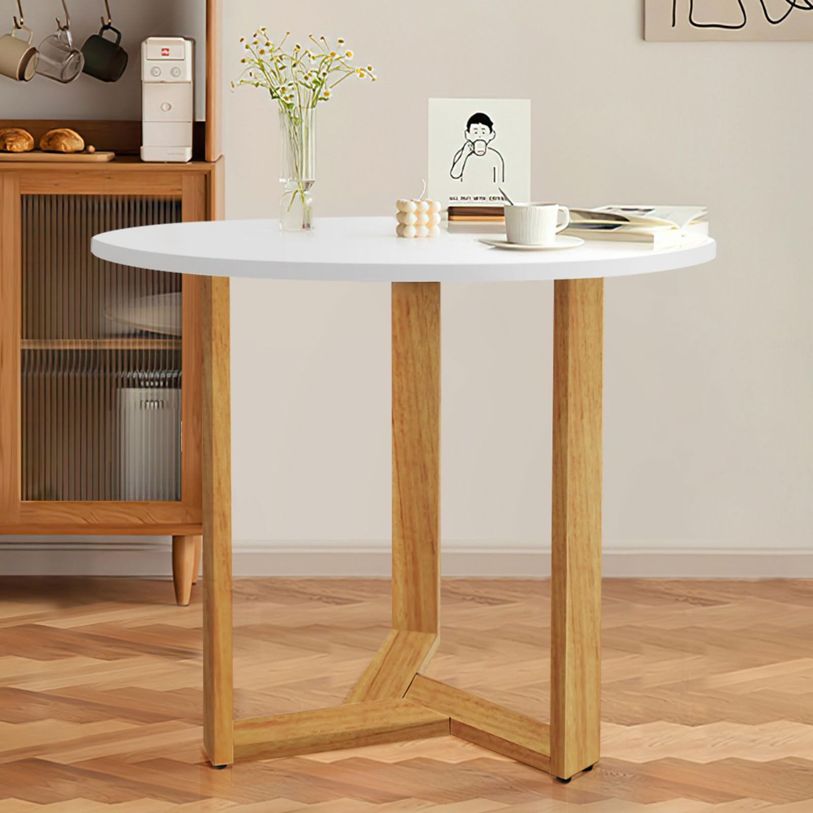 KithKasa 31.5" Mid Century Modern Round White Dining Table for 2-4, with Wood Legs & MDF Tabletop for Small Space Dining Room Narrow Nook