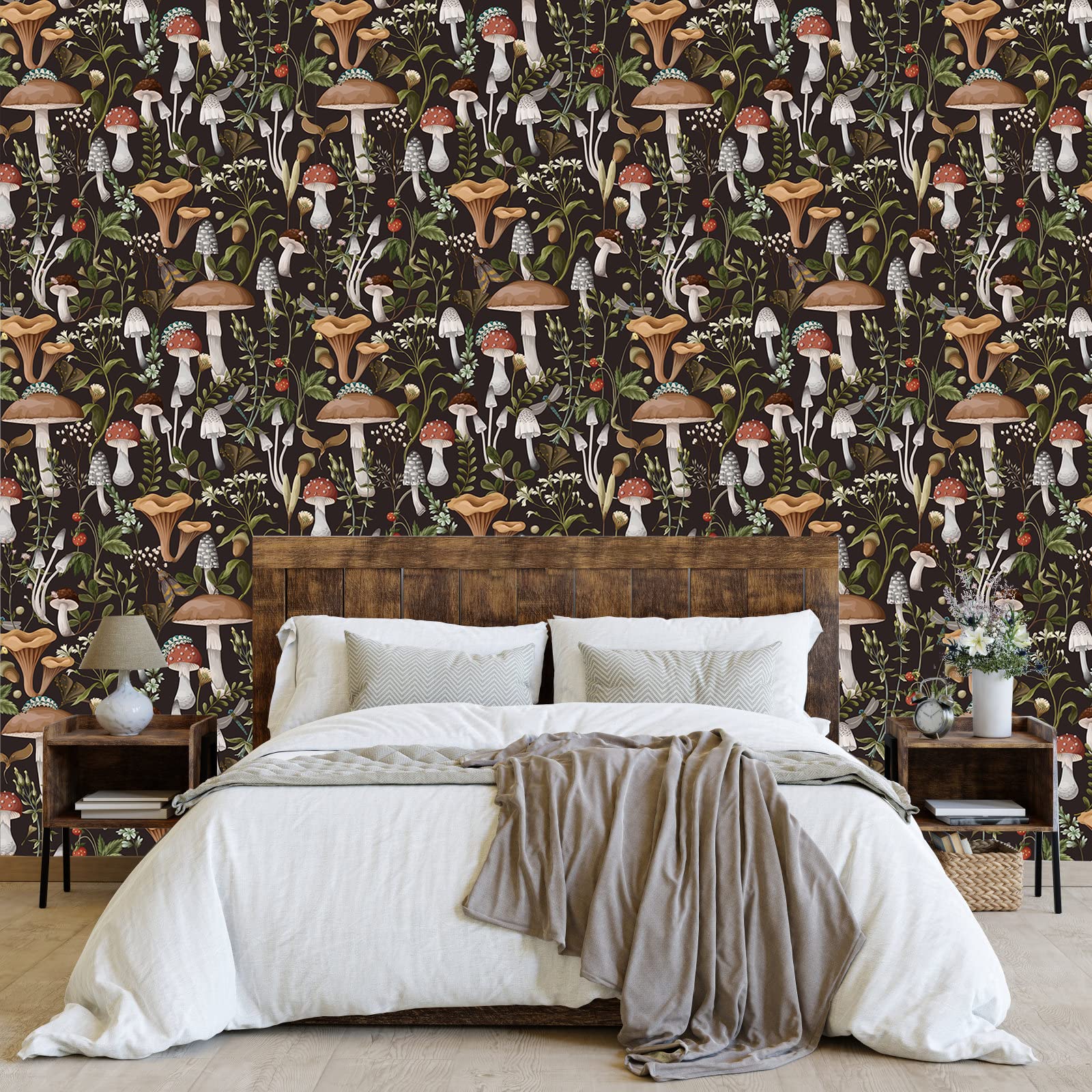 HAOKHOME Peel and Stick Wallpaper Boho Mushroom Removable Stick on Forest Contact Paper for Bathroom Black/Brown/Green 17.7in x 32.8ft