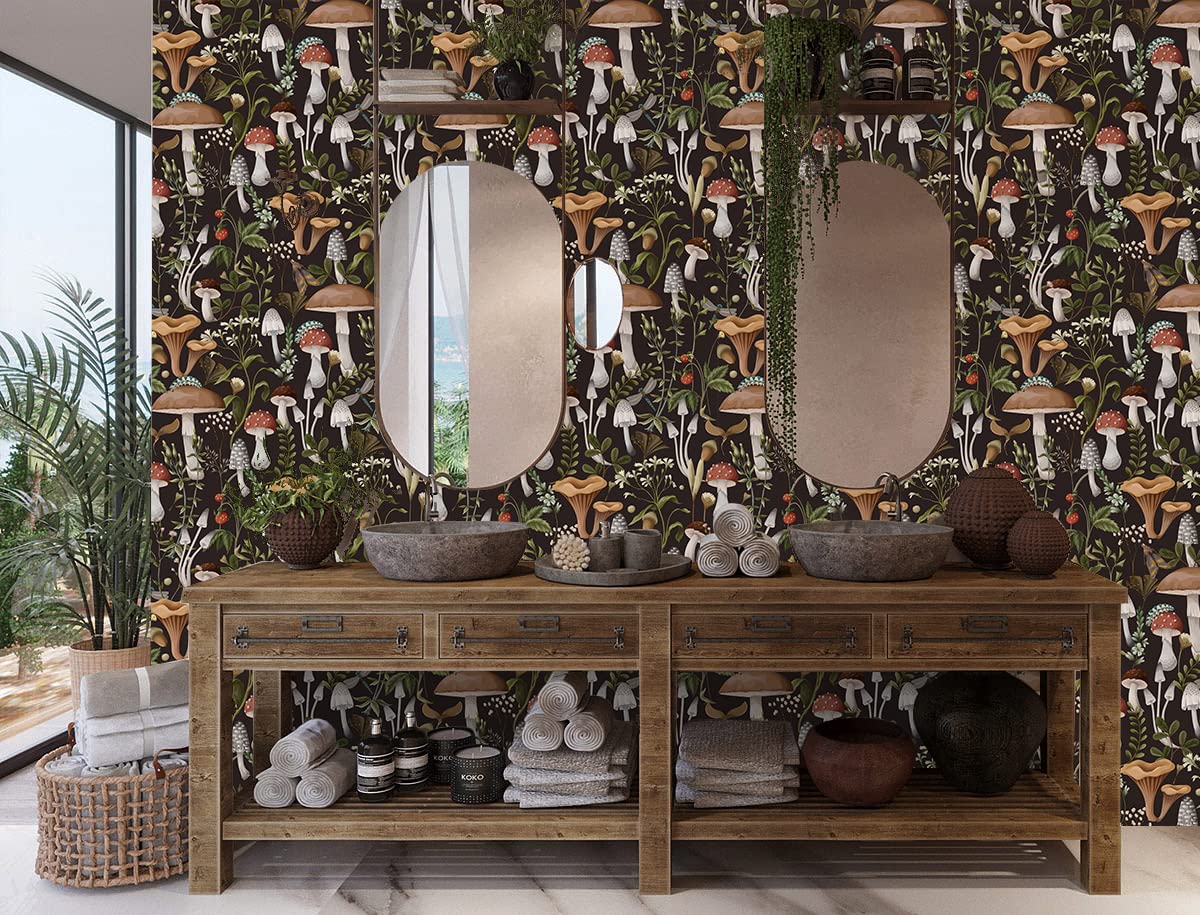 HAOKHOME Peel and Stick Wallpaper Boho Mushroom Removable Stick on Forest Contact Paper for Bathroom Black/Brown/Green 17.7in x 32.8ft