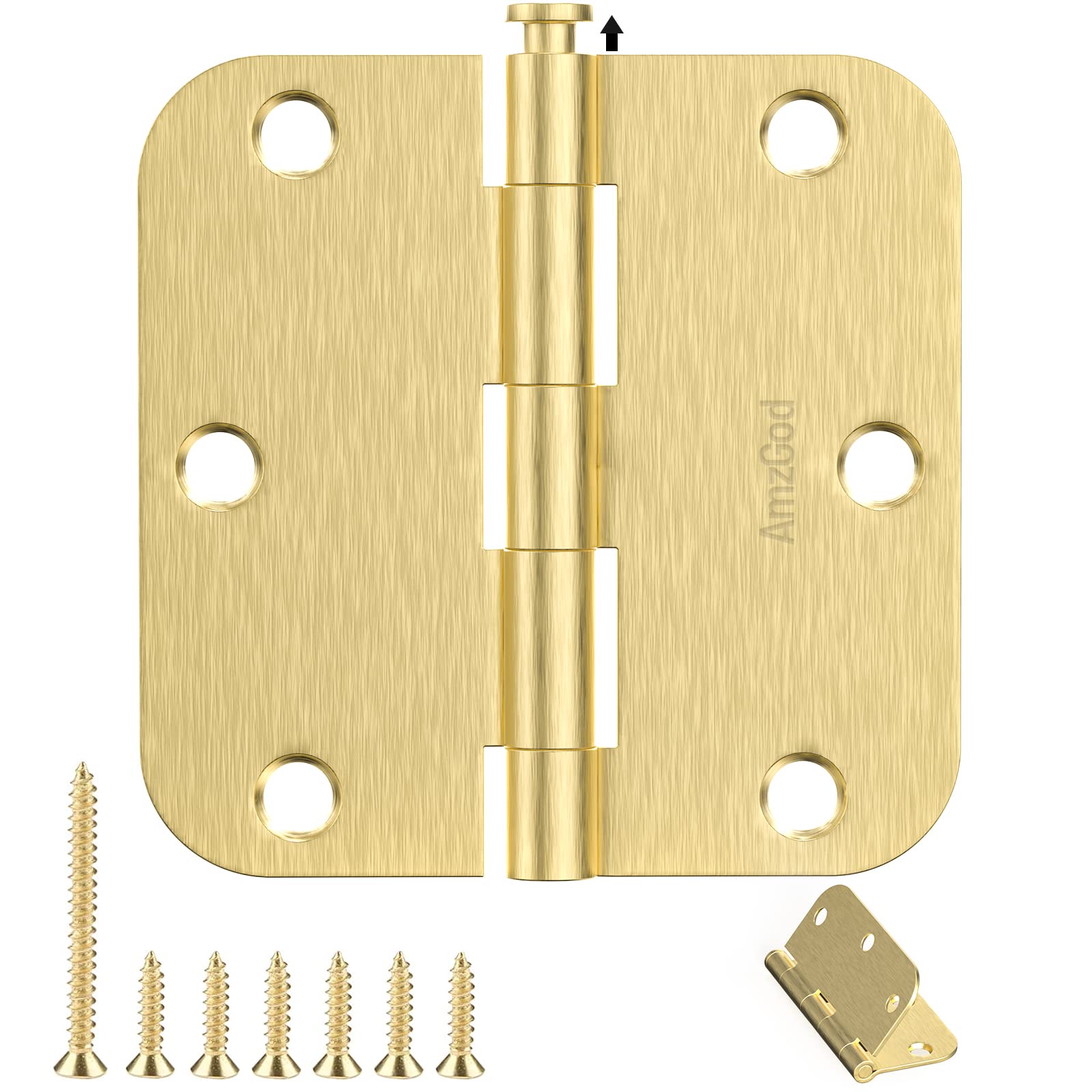 AmzGod Door Hinges Satin Brass - 12 Pack Gold Door Hinges 3.5 Inch Rounded Interior Door Hinges with 5/8" Radius - 3 1/2 Inches Flat Iron Brass Hinges for Residential Standard Doors