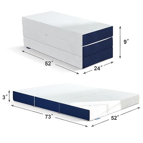 Iyee Nature Folding Mattress, 3 inch Tri-Fold Memory Foam Mattress, Foldable Mattress Topper with Bamboo Cover for Camping, Guest - Full Size, 73" x 52" x 3"