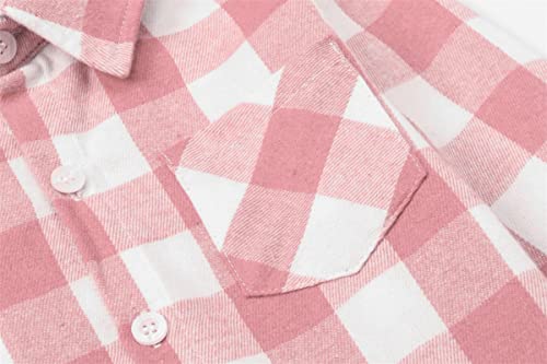 SANGTREE Mens Short Sleeve Plaid Shirt Summer Button Down Shirt Pink White Plaid,Small