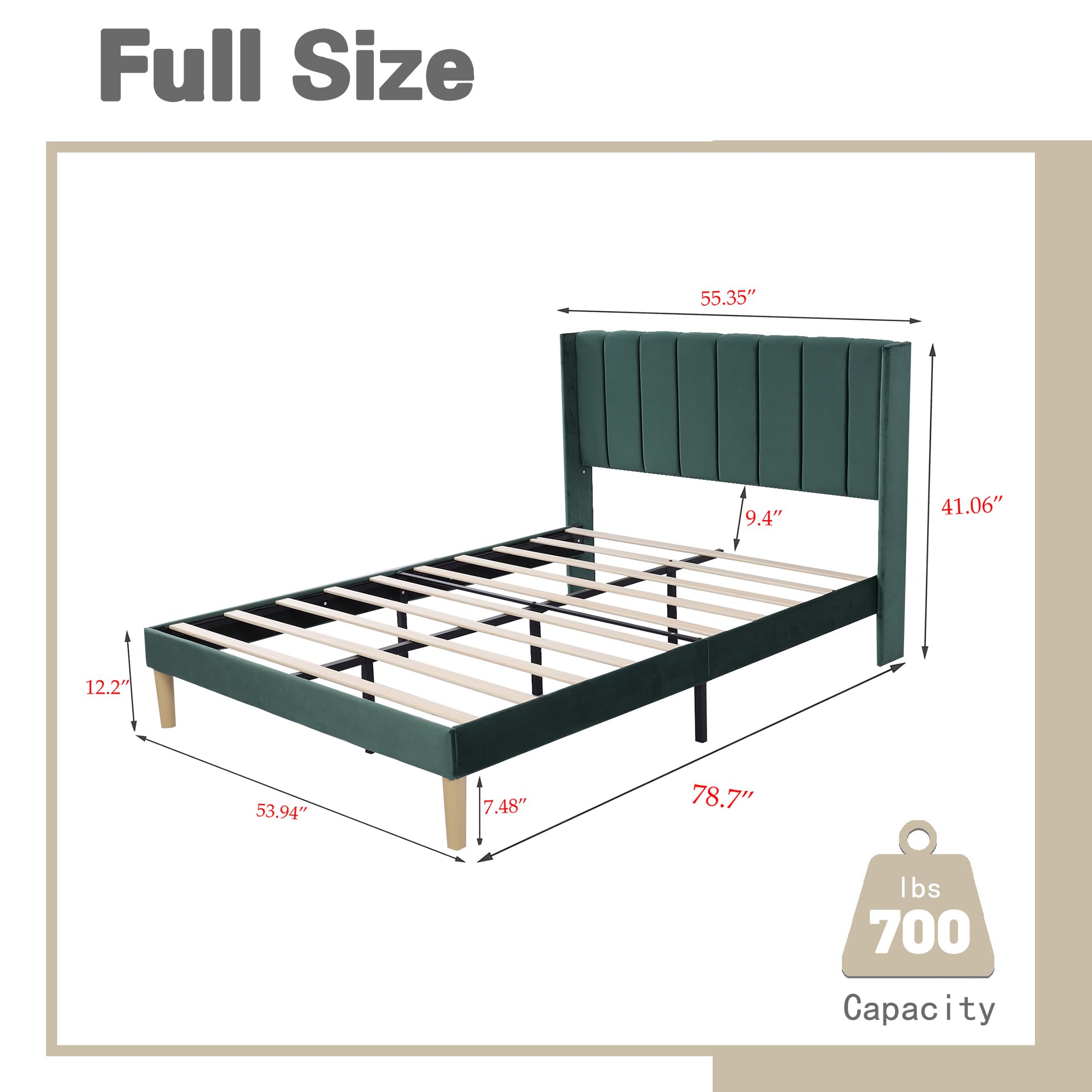 AGARTT Upholstered Platform Bed Frame Full Size with Headboard and Footboard/Wooden Slats Support/No Box Spring Needed/Easy Assembly,Green Velvet