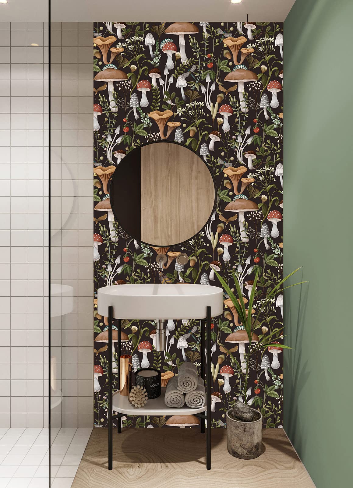 HAOKHOME Peel and Stick Wallpaper Boho Mushroom Removable Stick on Forest Contact Paper for Bathroom Black/Brown/Green 17.7in x 32.8ft