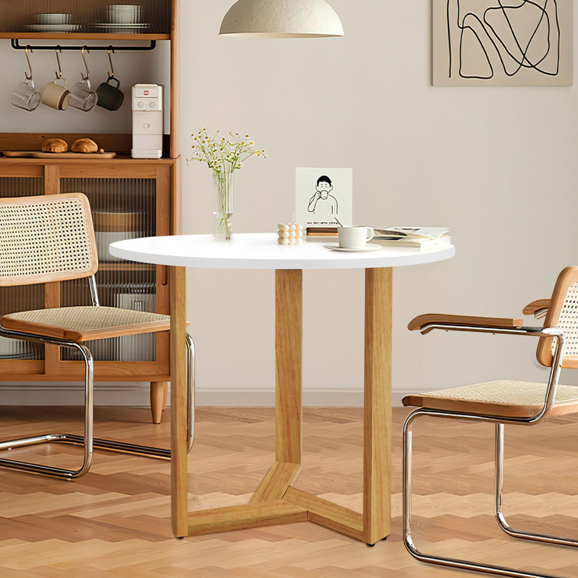 KithKasa 31.5" Mid Century Modern Round White Dining Table for 2-4, with Wood Legs & MDF Tabletop for Small Space Dining Room Narrow Nook
