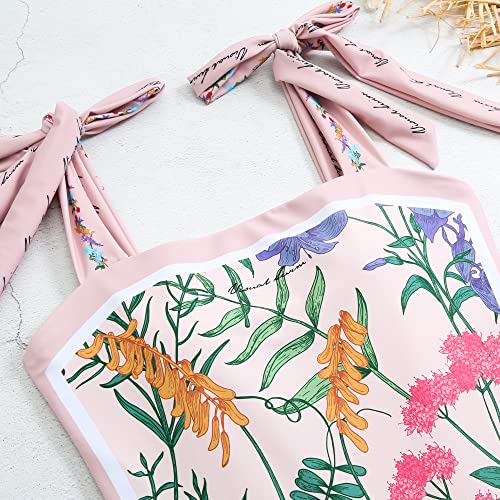 Women Floral One Piece Swimsuits, Reversible Tie Shoulder Monokini, Tummy Control Bathing Suits, Square Neck Swimwear Pink