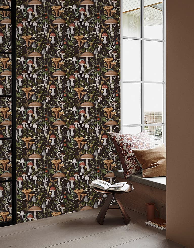 HAOKHOME Peel and Stick Wallpaper Boho Mushroom Removable Stick on Forest Contact Paper for Bathroom Black/Brown/Green 17.7in x 32.8ft