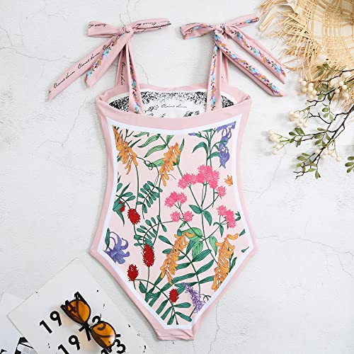Women Floral One Piece Swimsuits, Reversible Tie Shoulder Monokini, Tummy Control Bathing Suits, Square Neck Swimwear Pink