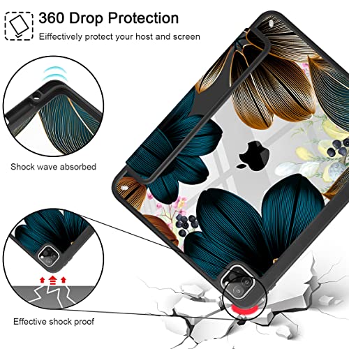 Lepeoac Designed for iPad Pro 12.9 Inch (2022/2021/2020/2018, 6th/5th/4th/3st Generation) with Transparent Shockproof Back Cover [Built-in Pencil Holder] Auto Sleep/Wake, Luxury Leaves