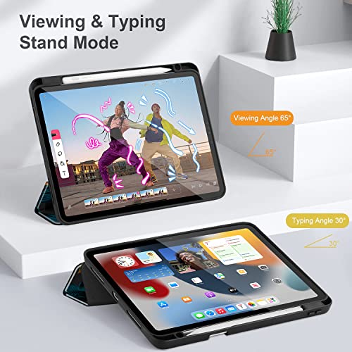 Lepeoac Designed for iPad Pro 12.9 Inch (2022/2021/2020/2018, 6th/5th/4th/3st Generation) with Transparent Shockproof Back Cover [Built-in Pencil Holder] Auto Sleep/Wake, Luxury Leaves