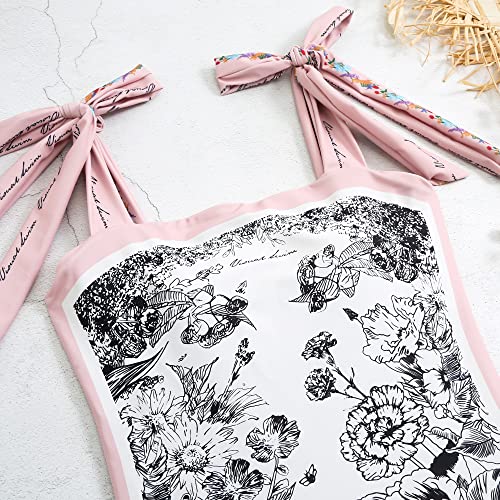 Women Floral One Piece Swimsuits, Reversible Tie Shoulder Monokini, Tummy Control Bathing Suits, Square Neck Swimwear Pink