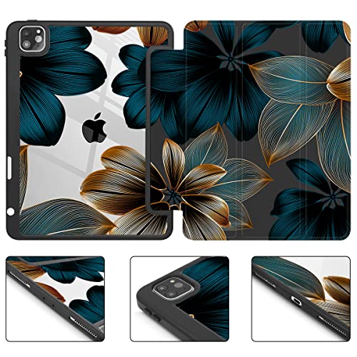 Lepeoac Designed for iPad Pro 12.9 Inch (2022/2021/2020/2018, 6th/5th/4th/3st Generation) with Transparent Shockproof Back Cover [Built-in Pencil Holder] Auto Sleep/Wake, Luxury Leaves