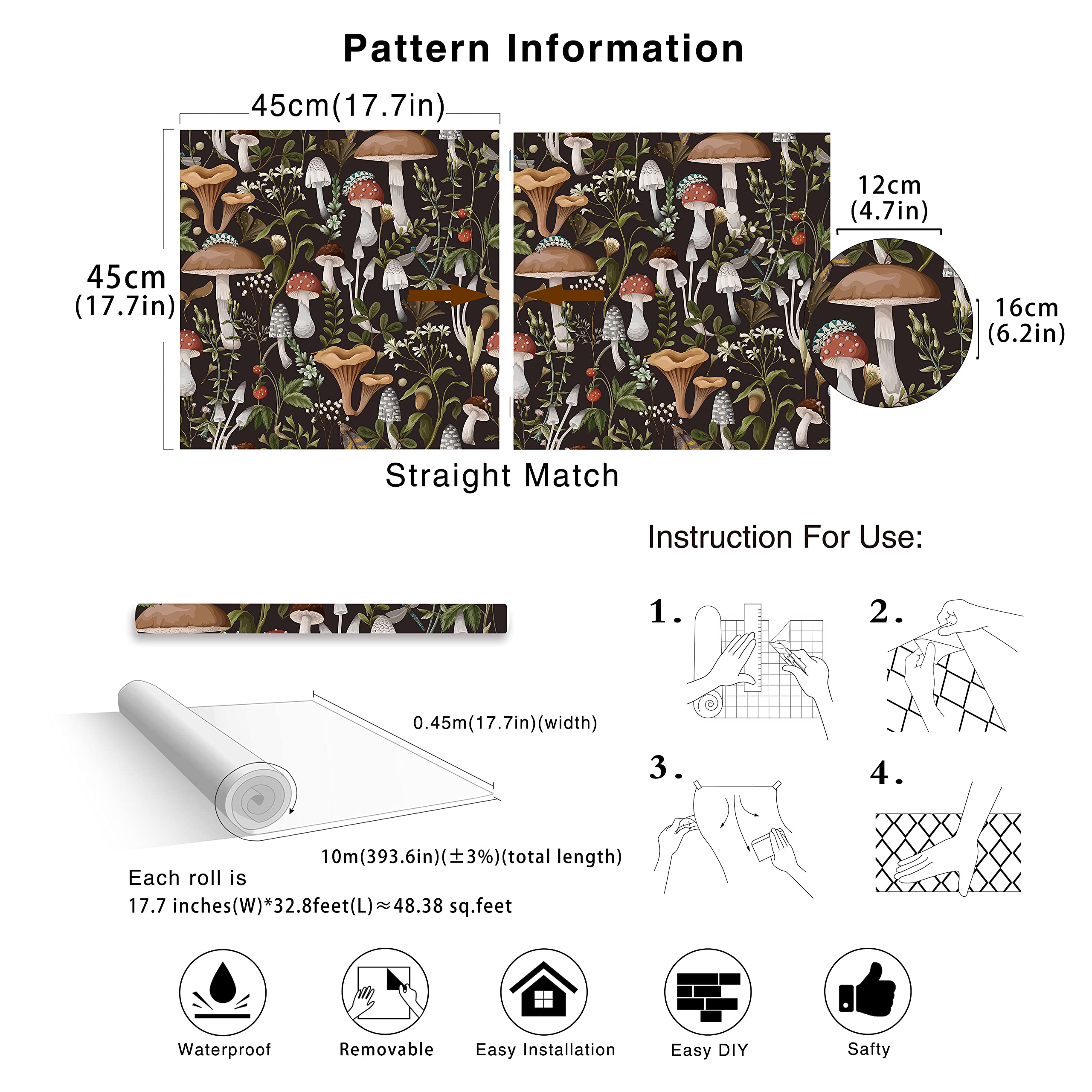 HAOKHOME Peel and Stick Wallpaper Boho Mushroom Removable Stick on Forest Contact Paper for Bathroom Black/Brown/Green 17.7in x 32.8ft