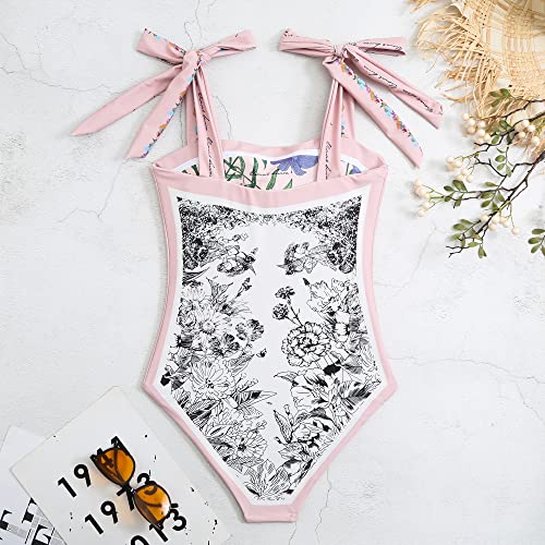 Women Floral One Piece Swimsuits, Reversible Tie Shoulder Monokini, Tummy Control Bathing Suits, Square Neck Swimwear Pink
