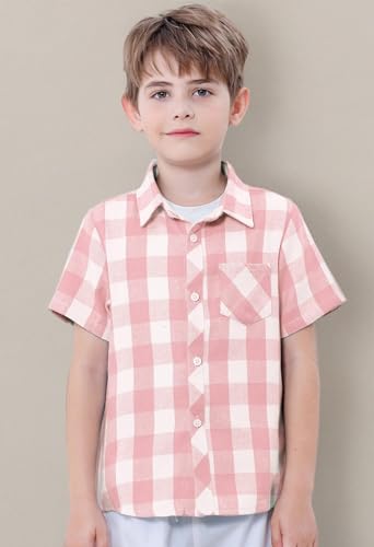 SANGTREE Mens Short Sleeve Plaid Shirt Summer Button Down Shirt Pink White Plaid,Small