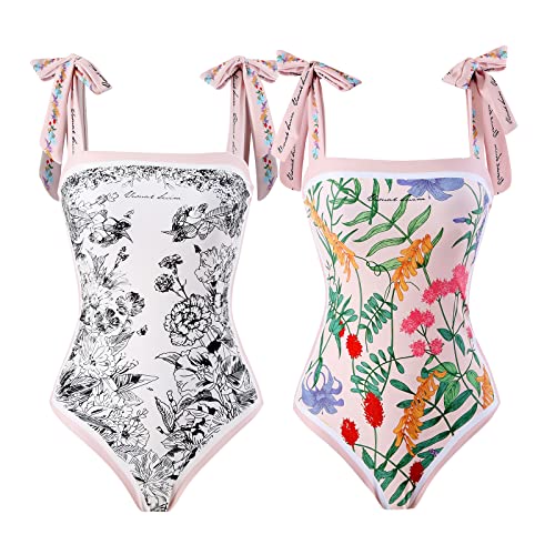 Women Floral One Piece Swimsuits, Reversible Tie Shoulder Monokini, Tummy Control Bathing Suits, Square Neck Swimwear Pink