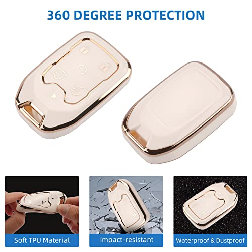 Jimtyee for GMC Key Fob Cover with Leather Lanyard Keychain Key Fob Case Shell Protection for Chevy Silverado Tahoe Suburban GMC Sierra Yukon Smart Remote Key Protector(White)