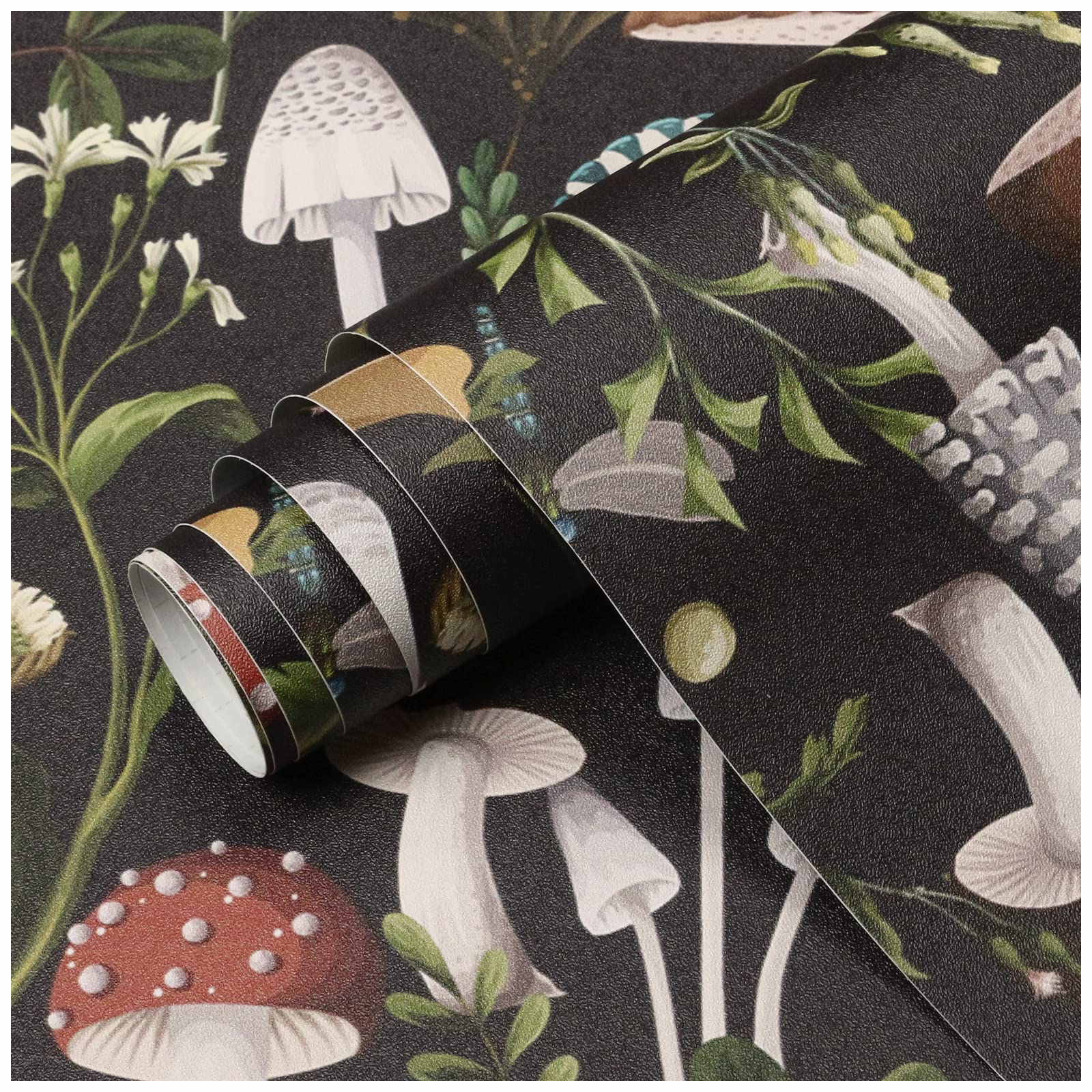 HAOKHOME Peel and Stick Wallpaper Boho Mushroom Removable Stick on Forest Contact Paper for Bathroom Black/Brown/Green 17.7in x 32.8ft