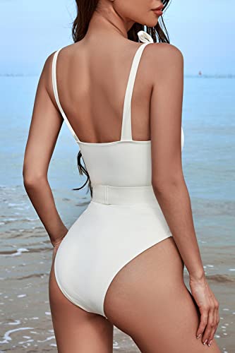 QINSEN Women's One Piece Swimsuit with Adjustable Tie Straps Elastic Belt Moderate Coverage Bathing Suit Beige S