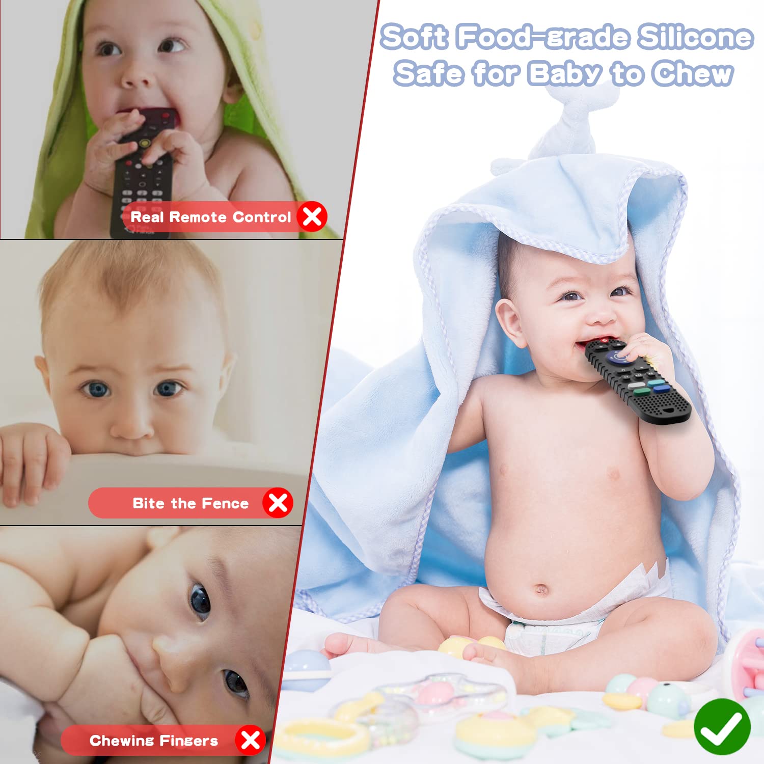 X-KIDS Baby Gamepad Teething Toys, Remote Control Teether Toys with 2 Pacifier Clips Soft-Textured Chew Sensory Toys for Babies 0-6 6-12 Months BPA Free, Silicone, 2-Pack