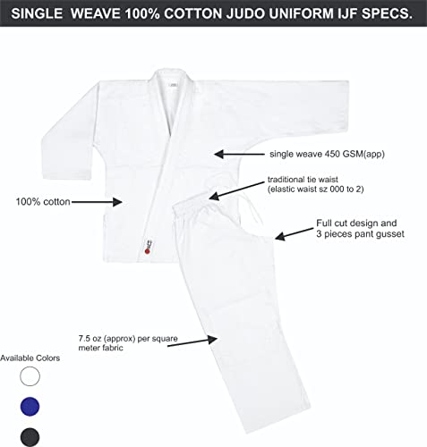MACS Judo Single Weave Gi Kids Adults Unisex Uniform with Belt Sz 000 to 8 (White, 4(70''to75'')/195to220lbs)