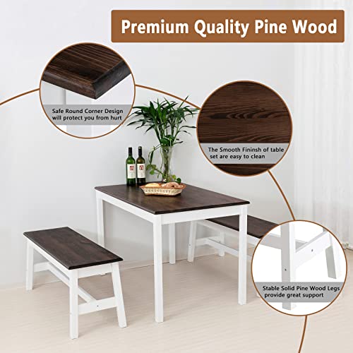 Alohappy Dining Table Set with 2 Benches, Rectangular Kitchen Table Set for 4-6 Person, Small Room Pine Wood Table for Kitchen, Dining Room, Easy Assembly (Dark Brown)