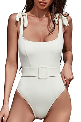 QINSEN Women's One Piece Swimsuit with Adjustable Tie Straps Elastic Belt Moderate Coverage Bathing Suit Beige S
