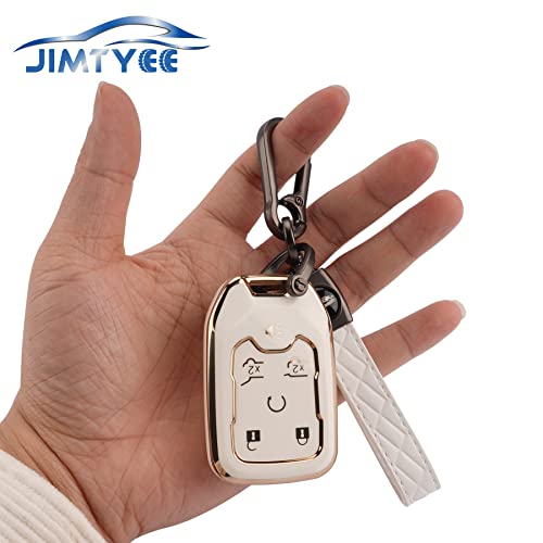 Jimtyee for GMC Key Fob Cover with Leather Lanyard Keychain Key Fob Case Shell Protection for Chevy Silverado Tahoe Suburban GMC Sierra Yukon Smart Remote Key Protector(White)