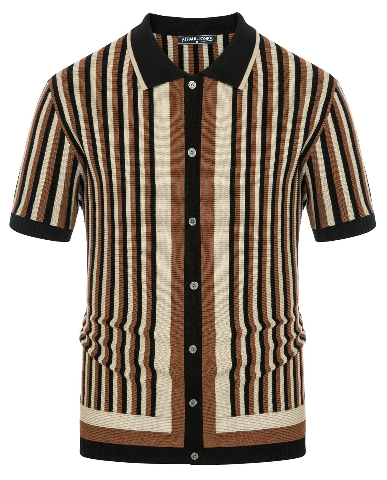 Mens 1950s Striped Polo Shirts Vintage Short Sleeve Button Down Polos 70s Italian Stylish Knit Shirt Retro Fashion Clothes Black-Coffe