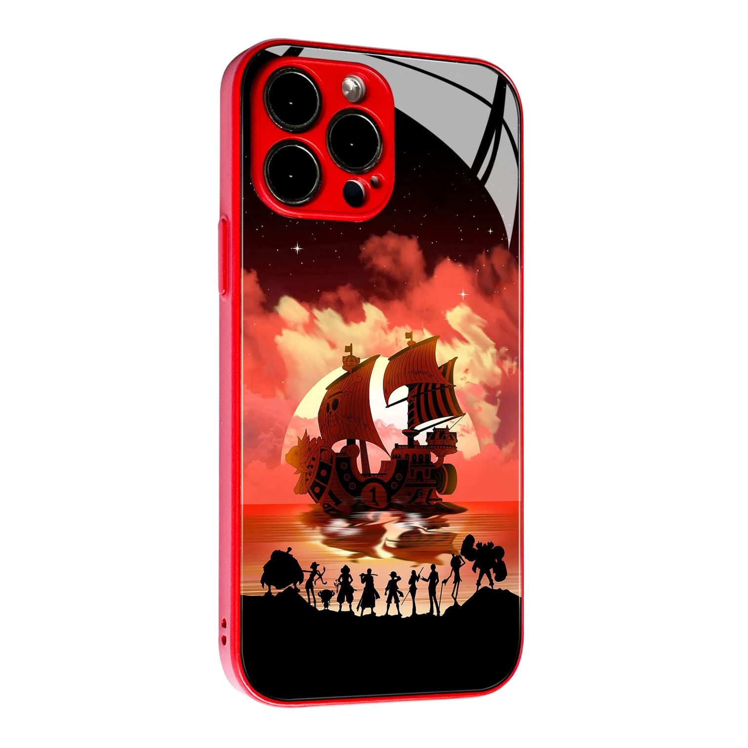 Japanese Anime Anti-Drop Color Soft Silicone Protective Shell Manga Pattern Tempered Glass Covers Multicolor Phone Case Red Mugiwara Pirates Straw Hats Crew Thousand Sunny for iPhone 14 Pro Max