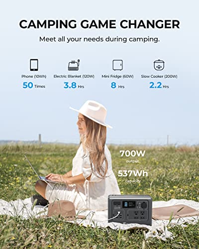 BLUETTI Solar Generator EB55 with 100W Solar Panel Included, 537Wh Portable Power Station w/ 4 110V/700W AC Outlets, LiFePO4 Battery Pack for Camping, Adventure, Emergency